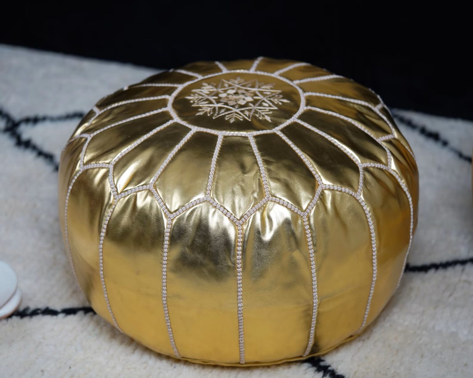 Gold Moroccan Leather Pouf – Handmade Metallic Ottoman Footstool - Darkich